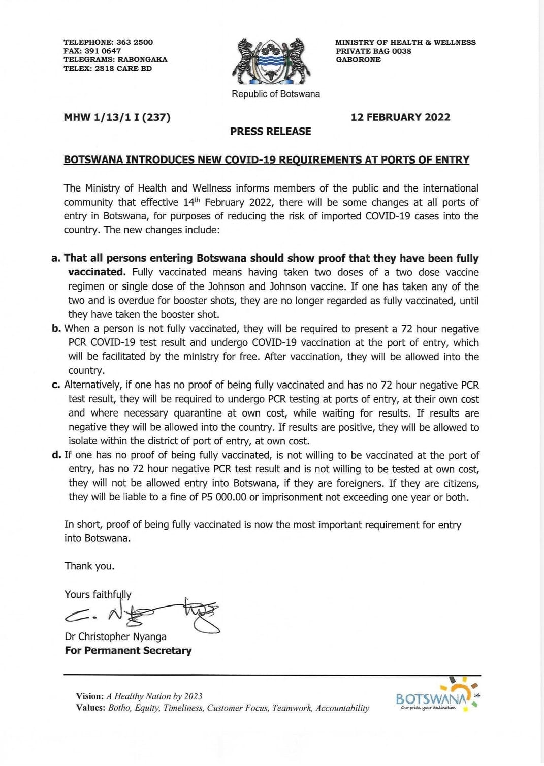 Press Release: Botswana Introduces New COVID-19 Requirements at Ports ...
